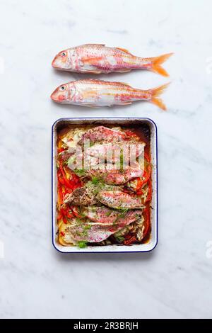 Filet of red saltwater fish in a black frying pan. The process of ...