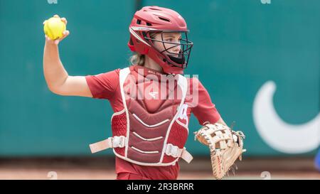 Alabama catcher Ally Shipman (34) gets Stanford outfielder Kaitlyn Lim ...