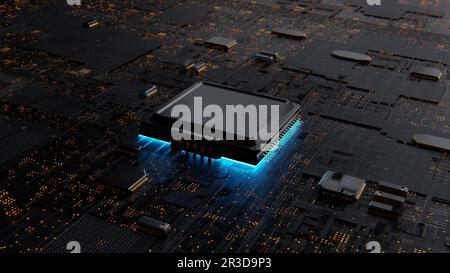 Information technologies. Microchip on circuit board, top view ...