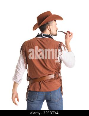 Handsome cowboy with smoking pipe on white background, back view Stock ...