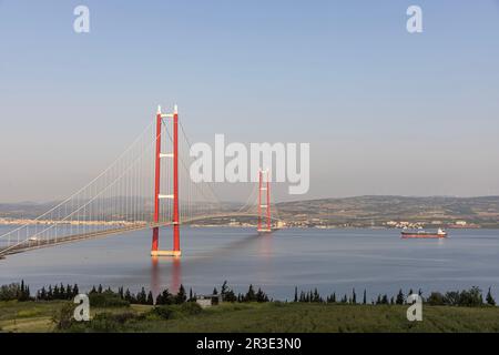 1915 Canakkale Bridge aerial view in Canakkale, Turkey. World's longest ...