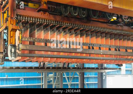 Detail of copper cathodes at an electrowinning plant in a copper mine ...
