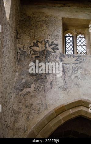 Wall paintings, fresco seccoes, in Haddon Hall Chapel, Bakewell, Peak District, Derbyshire, UK ...