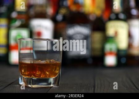 KYIV, UKRAINE - MAY 4, 2022 Jack Daniels original alcohol bottle on ...