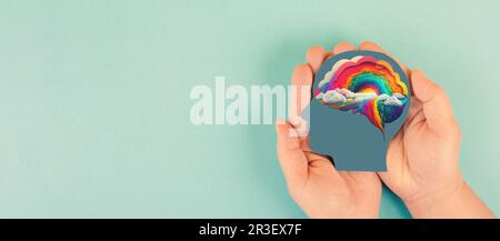 Brain with rainbow cloud, creativity explosion of ideas, positive ...