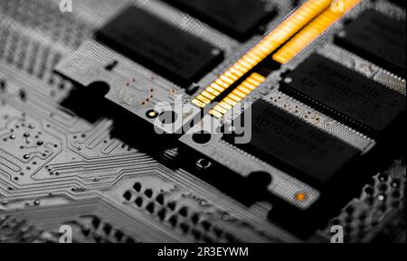 Macro Close up of computer RAM chip; random access memory chip slot for ...