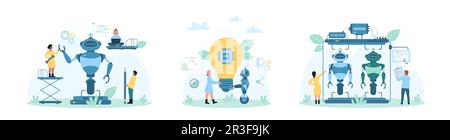 Cartoon tiny people building cyborg with electronic tools, software and ...