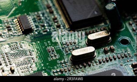 Macro Close up of components and microchips on PC circuit board Stock ...