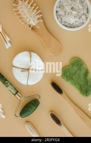 Natural bath accessories and self-care products for body care over blue ...