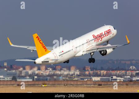 A Pegasus Airlines Airbus 321 NEO landing at Frankfurt Rhein-Main international Airport. The ...