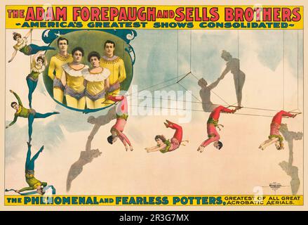 Vintage circus poster showing trapeze, acrobats and flying trampolin ...