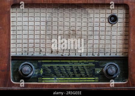Old vintage tabletop radio set and receiver in wooden case Stock Photo ...