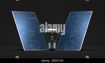 Solar energy panel with lighting light bulb - 3D Illustration Stock ...