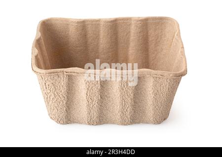 Molded recycled paper pulp protective packaging isolated on white with ...