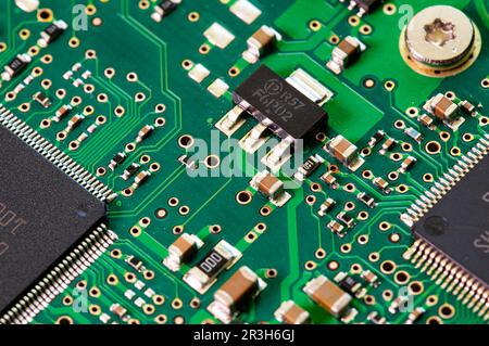 Macro Close up of components and microchips on PC circuit board of Hard ...