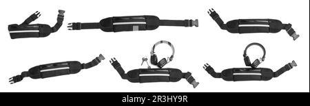 Collage with black waist bag (running belt) on white background, banner ...