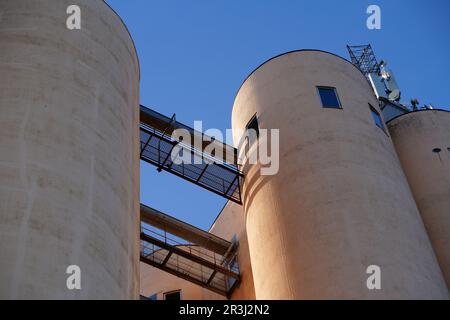 Concrete Grain Silos Connected by Steel Bridges, From Ground Against ...