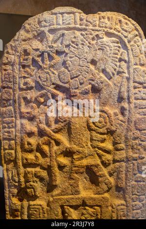 Carved stonework stelae display inside museum of Mayan Archaeology ...