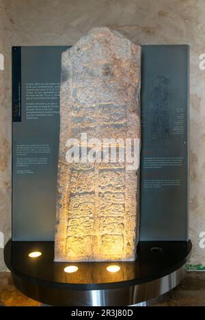 Carved stonework stelae display inside museum of Mayan Archaeology ...