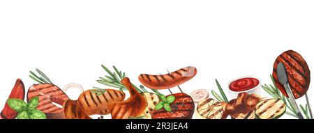 Watercolor frame barbecue. Elements for cooking bbq - grill, chicken ...