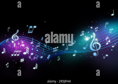 Staff with music notes and other musical symbols on color background ...