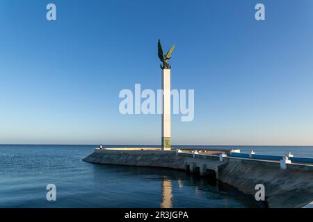 Sculpture of winged Mayan Angel on tall column, the seafront Malecon ...
