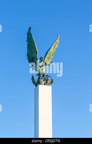Sculpture of winged Mayan Angel on tall column, the seafront Malecon ...