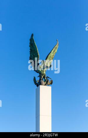 Sculpture of winged Mayan Angel on tall column, the seafront Malecon ...