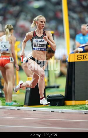 Sage WATSON running the 4x400m relay at the 2019 World Athletics ...