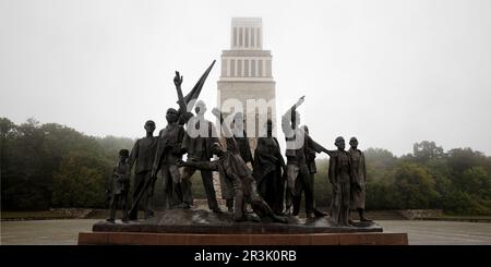 Buchenwald Monument with group of figures and bell tower, Buchenwald ...