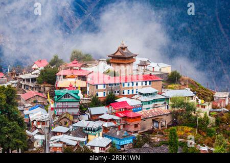 Kalpa and Kinnaur Kailash mountain aerial panoramic view. Kalpa is a ...