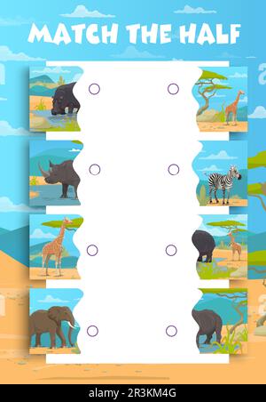 Match half of cartoon african savannah animals. Vector game worksheet ...