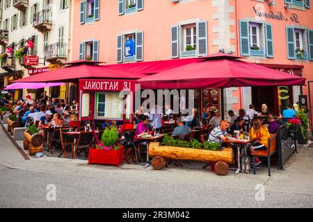 CHAMONIX, FRANCE - JULY 18, 2019: Cafe in Chamonix city centre ...