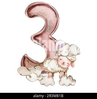 Watercolor hand drawn numbers and fluffu sheep composition ...
