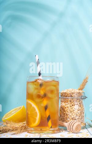 Barley cold tea, organic barley orzo iced tea in tall glass Stock Photo ...