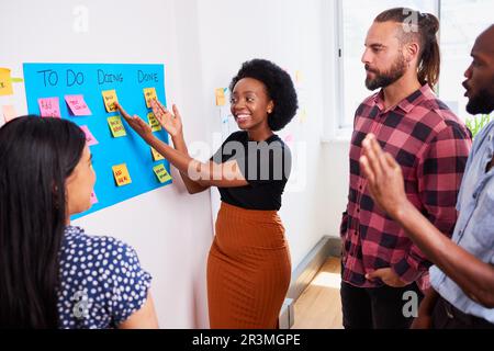 Scrum team participates in daily stand up on KANBAN board, mobile app ...