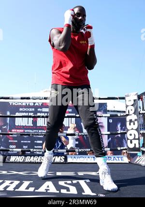 Lawrence Okolie during an open workout at BOXPARK Wembley, London ...