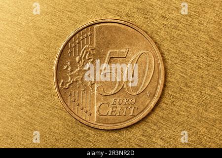 Close up shot of fifty euro cent with map of Europe on the coin face ...