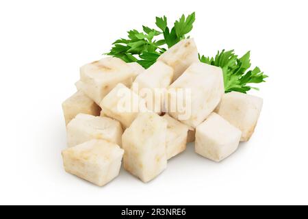 diced celery root isolated on white background Stock Photo - Alamy