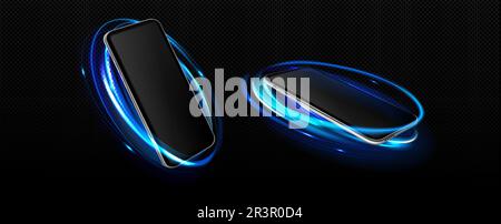 Realistic set of 3D smartphones with neon light effect isolated on ...