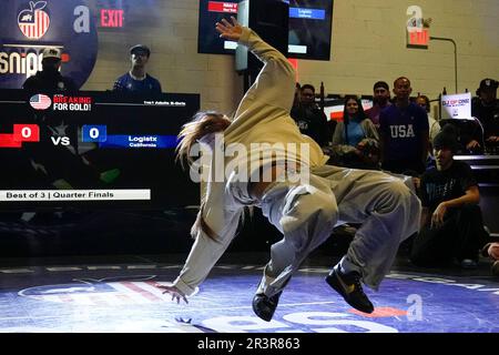 Logan Edra, also known as B-Girl Logistx, of the United States competes ...