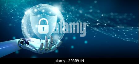 AI Robot Hand holding Shield with Padlock icon over blue background ...