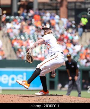 Baltimore Orioles pitcher Bryan Baker throws during the seventh inning ...
