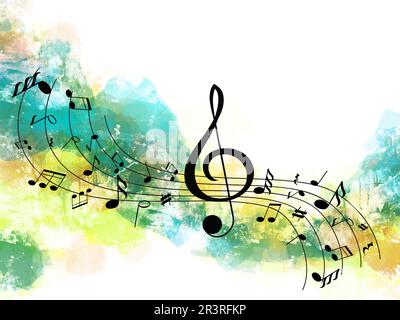 Staff with music notes and other musical symbols on color background ...