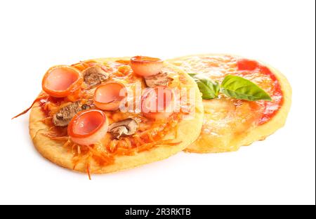 Different tasty mini pizzas on white background Stock Photo - Alamy