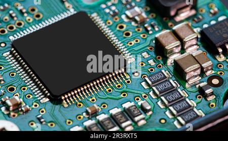 Macro Close up of components and microchips on PC circuit board Stock ...