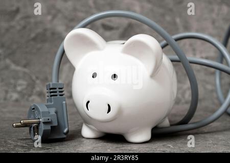 Money with power plug and piggy bank on beige background with space for ...