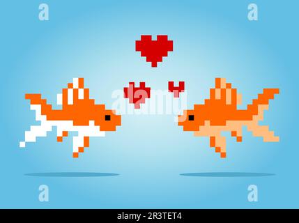 8 bit pixel golden fish. Animal for game assets and cross stitch ...