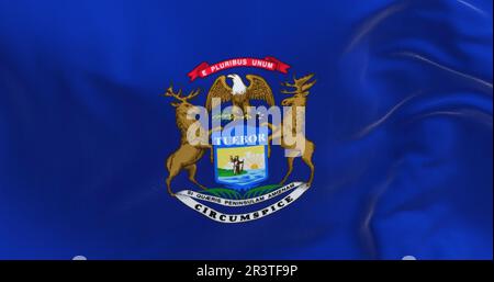 Close up view of the Michigan state flag waving. Michigan Michigan is a ...