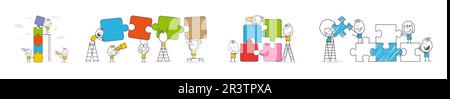 Stick figures. People connecting puzzle elements. Symbol of teamwork ...